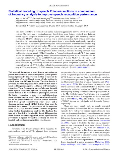 Pdf Statistical Modeling Of Speech Poincaré Sections In Combination