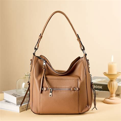 Womens Brown Leather Pocket Shoulder Hobo Bag Baginning