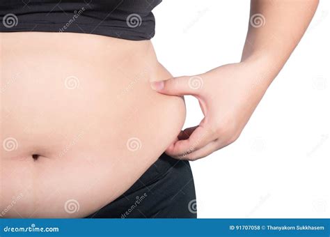 Femme Obèse Grosse Femme De Poids Excessif Pinçant Son Gros Ventre Sur