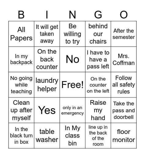 Class Procedures Bingo Card