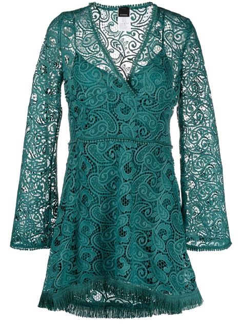 Pinko Solitudine Long Sleeve Lace Mini Dress In Verde Modesens