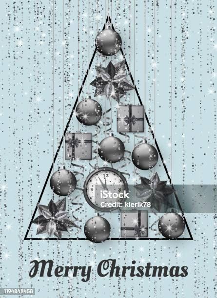 빛나는 눈송이 실버 공 시계와 회색 색깔의 주석과 스트리머와 메리 크리스마스 배경 인사말 카드와 Xmas 템플릿입니다 자정까지 5분 벡터 그림입니다 2020년에 대한 스톡