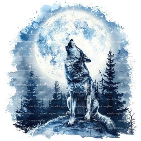 12 Wolf Howling At Moon Clipart Digital Download Printable Watercolor