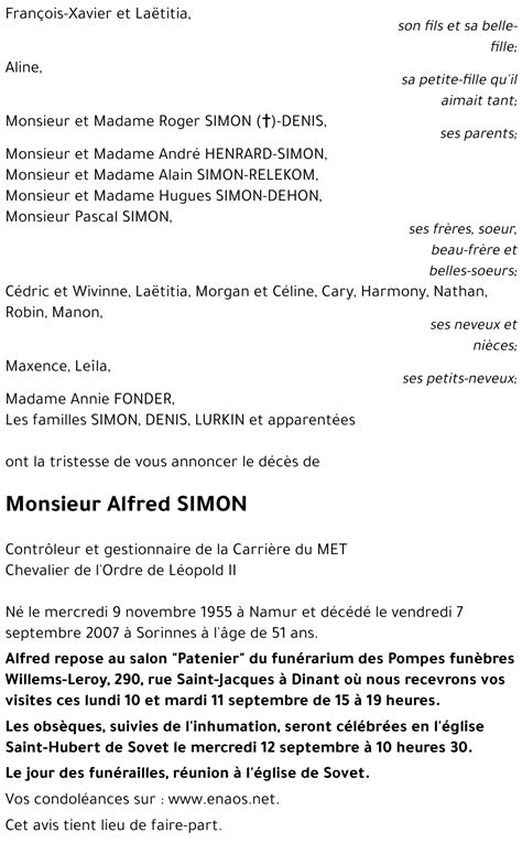 Avis De Décès De Alfred Simon Décédé Le 07 09 2007 à Sorinnes Annonce Condoléances Fleurs