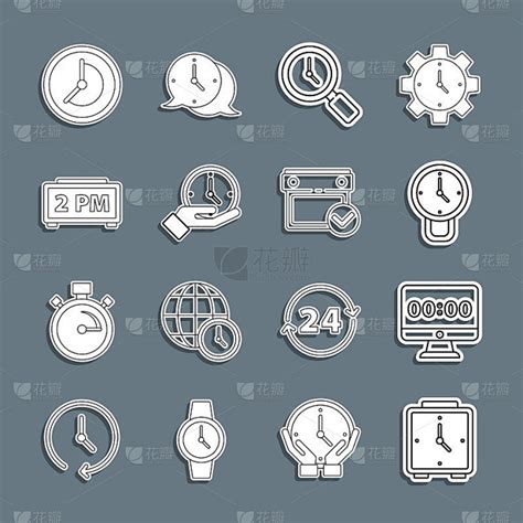 设置线闹钟，时钟在监视器，放大镜，数字闹钟，日历检查标记图标。向量