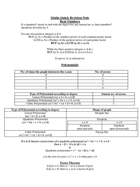 Maths Quick Revision Note Pdf Quadratic Equation Factorization
