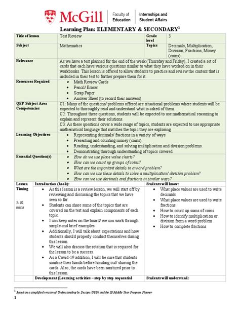 Math Review Lesson Plan Pdf Educational Assessment Question