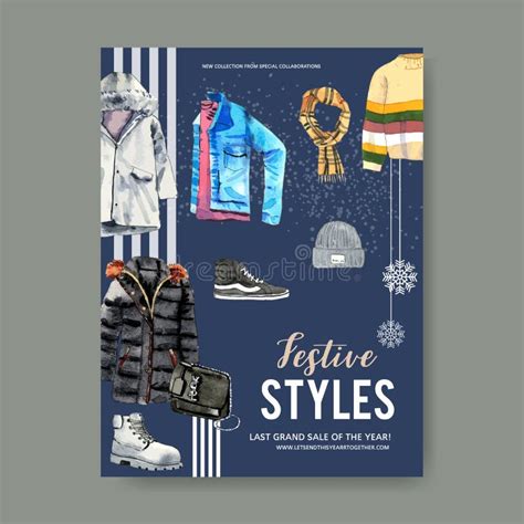 Winter Style Poster Design With Hoodie Coat Bag Jacket Watercolor