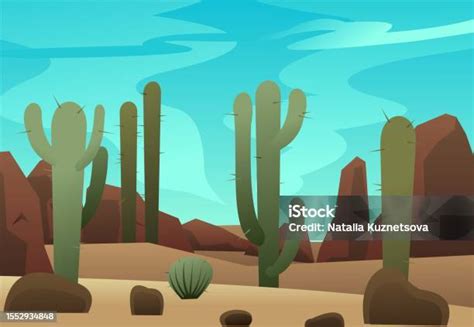 의욕적 인 선인장 모래와 돌이 있는 사막의 풍경 바위와 절벽 야생 생물 만화 재미있는 스타일 플랫 디자인 벡터 가시에 대한 스톡 벡터 아트 및 기타 이미지 Istock