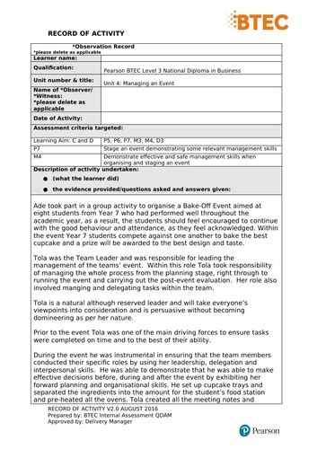 Btec Business Level 3 Unit 4 Managing An Event Distinction