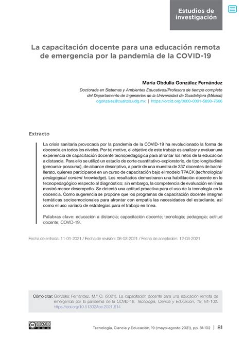 Gonzalez 2021 Revista La Capacitación Docente Tecnología Ciencia Y