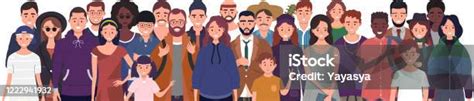 흰색 배경에 고립 된 사람들의 다국적 그룹 어린이 성인 및 청소년이 함께 서 있습니다 그림 공동체에 대한 스톡 벡터 아트 및