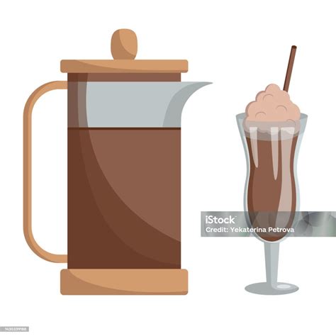 커피 포트와 카푸치노의 벡터 플랫 일러스트레이션 뜨거운 향기로운 커피 디저트 카푸치노 모카 에스프레소 핫 초콜릿이나 코코아 한 잔 가정용 장비에 대한 스톡 벡터 아트 및