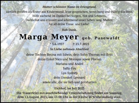 Traueranzeigen Von Marga Meyer Trauer Nordkurier