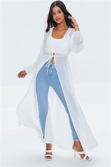 Forever Chiffon Self Tie Duster Kimono White Forever USA