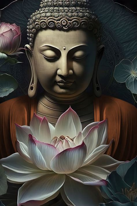 Serene Buddha Art In Dark Blues Pinks And Orange Robe With A Large