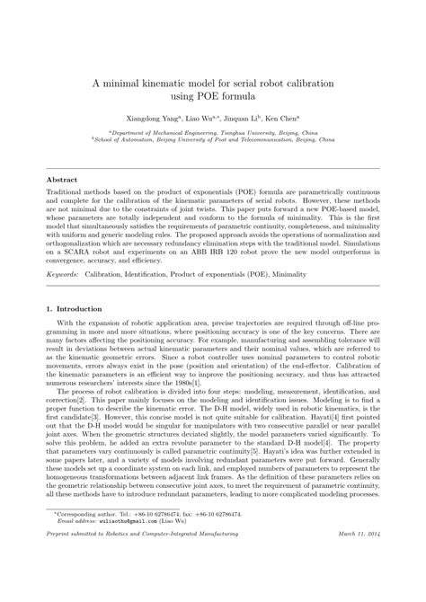 pdf a minimal kinematic model for serial robot calibration using poe