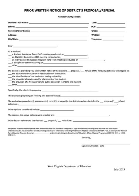 Fillable Prior Written Notice Of Districts Proposal Refusal Form