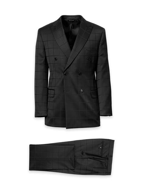 Wool Windowpane Double Breasted Peak Lapel Suit Black Paul Fredrick