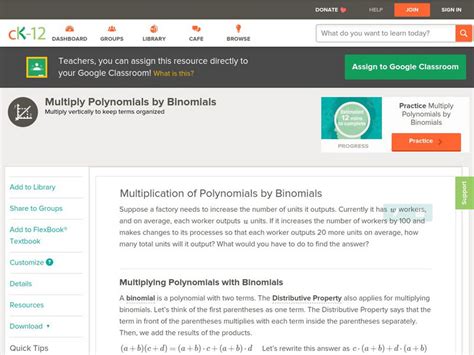 Ck 12 Algebra Multiplication Of Polynomials By Binomials Unit Plan