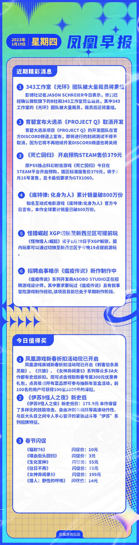 凤凰早报：343工作室《光环》团队被大量裁员将重组 春节闪促 游戏大杂烩 游民星空