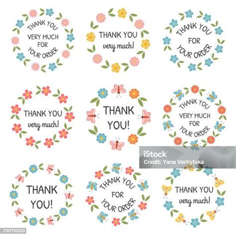 라운드 라벨 감사 스티커 컬렉션에 감사드립니다 주문해 주셔서 감사합니다 선물 포장 고객 주문 추수 감사절 감사를위한 템플릿 중소기업 화훼 미용 감사합니다에 대한 스톡 벡터