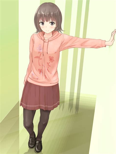Safebooru 1girl Black Legwear Blush Brown Eyes Brown Hair Hand On