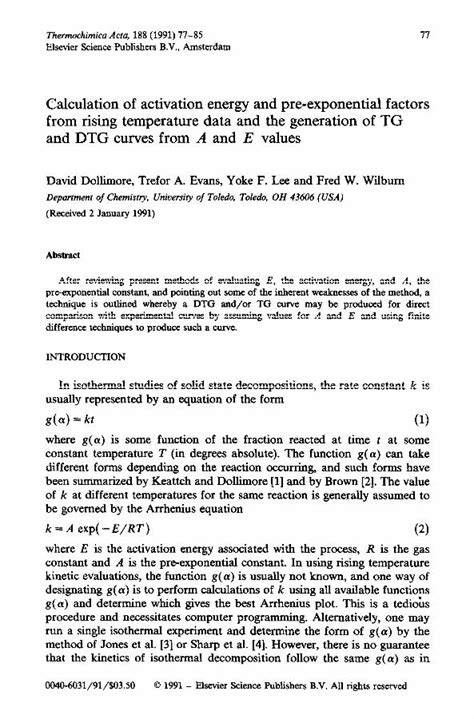 Pdf Calculation Of Activation Energy And Pre Exponential Factors From