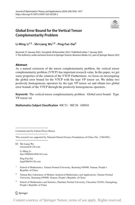 Global Error Bound For The Vertical Tensor Complementarity Problem Request Pdf