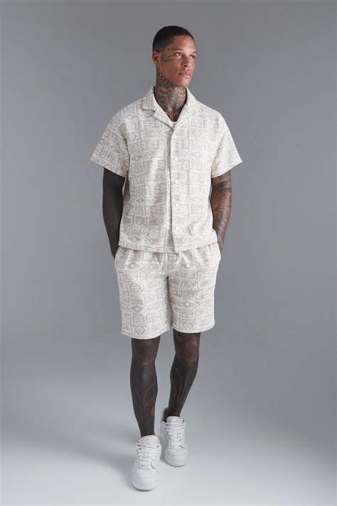 Short Sleeve Boxy Jacquard Aztec Shirt And Short Set Boohoo Uk