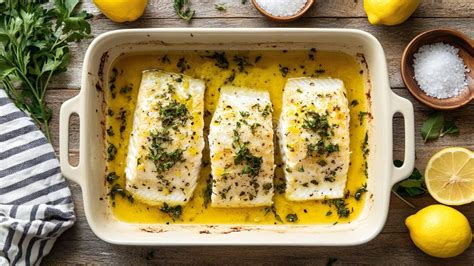 Cod Fillets Baked In Lemon Butter Sauce With Herbs In A Ceramic Dish Stock Image Image Of Food