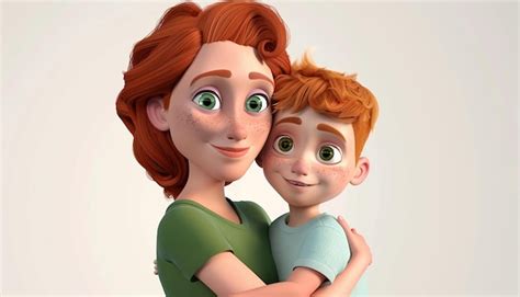 Premium Photo 3d Cartoonized Mom Holding Young Son With Red Hair