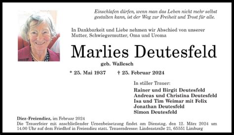 Traueranzeigen Von Marlies Deutesfeld Rz Trauer De