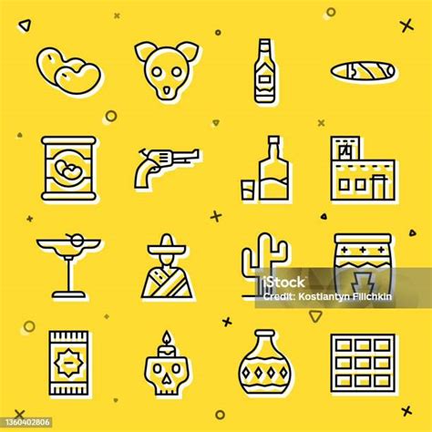 세트 라인 초콜릿 바 Huehuetl 멕시코 하우스 타바스코 소스 리볼버 건 콩 인 데킬라 병 과 유리 아이콘 벡터 0명에 대한