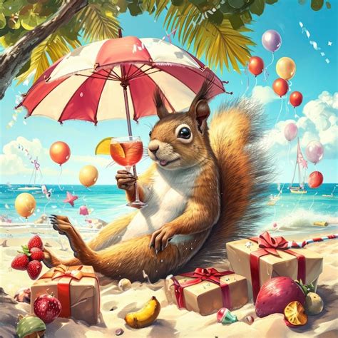 Premium Photo Happy Fluffy And Stylish Super Squirrel Cute 3d Style Sunbathing On A Tropical Beach
