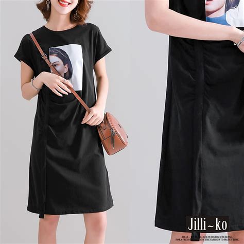 Jilli Ko 側抓皺印花t恤連衣裙 黑深藍 短袖洋裝 Yahoo奇摩購物中心