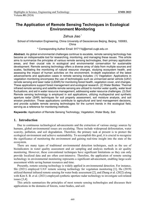 Pdf The Application Of Remote Sensing Techniques In Ecological Environment Monitoring