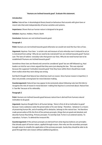 Natural Law Essay Plans Philosophy And Ethics A Level Ocr Teaching