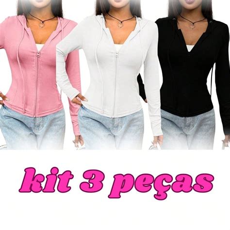 Kit 3 Blusas Casaco Esportivo Feminino Academia Inverno Com Ziper E