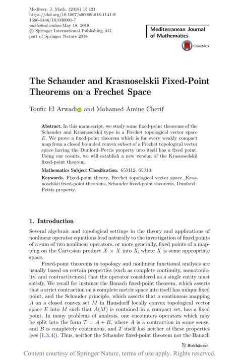 The Schauder And Krasnoselskii Fixed Point Theorems On Frechet Spaces Request Pdf