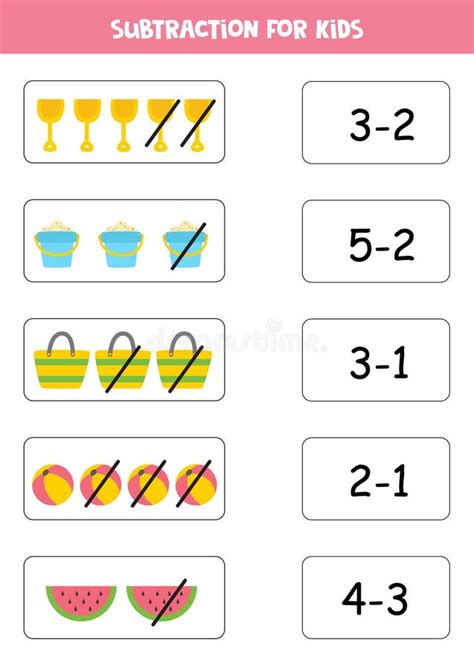 Subtraction Game With Cute Summer Elements Matching Game Stock Vector Illustration Of Pail