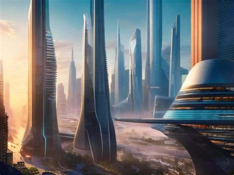 Un amplio paisaje urbano de alta tecnología con edificios imponentes y