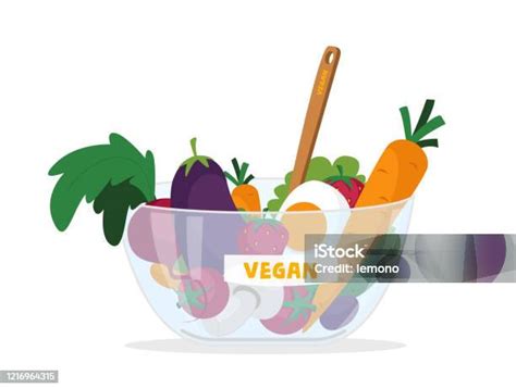 흰색 배경에 고립 된 나무 숟가락으로 유리 그릇에 신선한 채식 식품 식품 잘 익은 비트 뿌리 당근과 계란 토마토 버섯과 가지 접시에 누워 만화 벡터 일러스트레이션 벡터에