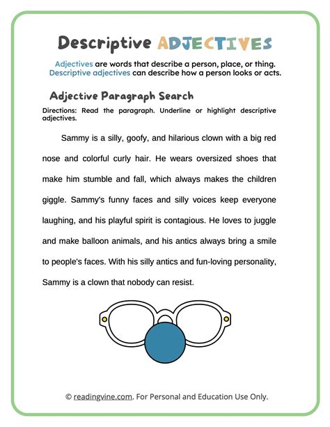 Descriptive Adjectives Worksheets ReadingVine