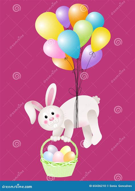 Bunny Carrying Basket Easter Eggs Flying With Balloons Stock Vector