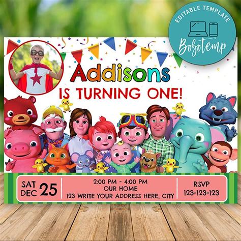 Invitación de cumpleaños de Cocomelon editable con foto DIY Bobotemp