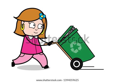 Running Dustbin Retro Cartoon Female Housewife Stock Vector Royalty