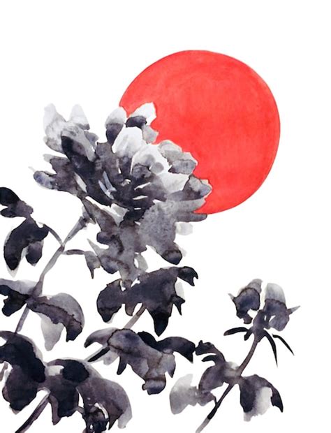 Premium Psd An Ink Painting Of Flowers And Red Sun In The Sky