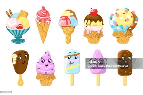 귀여운 얼굴의 아이스크림 카와이 스위트 미소 짓는 여름 디저트 맛있는 젤라토 와플 콘 컵 또는 스틱 초콜릿 토핑 상쾌한 안주