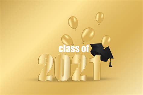 2021년 졸업 금 번호와 황금 배경에 검은 교육 학술 모자와 3d 현실적인 풍선을 던져 졸업 디자인용 템플릿입니다 벡터 그림입니다 모자 모자류에 대한 스톡 벡터 아트 및